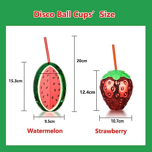 2 PCS,Watermelon and Strawberry Disco Ball Cups With Red Straw,for Party, Removable and Reusable,at The Seaside and Pool.