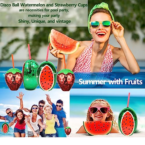 2 PCS,Watermelon and Strawberry Disco Ball Cups With Red Straw,for Party, Removable and Reusable,at The Seaside and Pool.