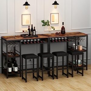 Gyfimoie Bar Table and Chairs Set with Power Outlet, Pub Table and Chairs Set for 2 with 2 Storage Shelves, 3 Piece Table Set with Wine Rack & Glass Holder for Living Room, Dining Room, Small Apt