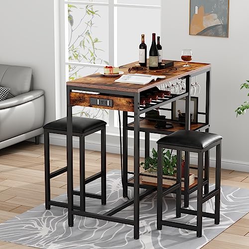 Gyfimoie Bar Table and Chairs Set with Power Outlet, Pub Table and Chairs Set for 2 with 2 Storage Shelves, 3 Piece Table Set with Wine Rack & Glass Holder for Living Room, Dining Room, Small Apt