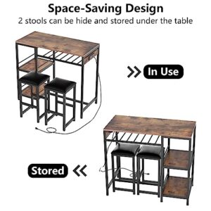 Gyfimoie Bar Table and Chairs Set with Power Outlet, Pub Table and Chairs Set for 2 with 2 Storage Shelves, 3 Piece Table Set with Wine Rack & Glass Holder for Living Room, Dining Room, Small Apt