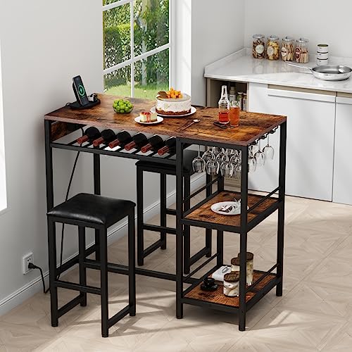 Gyfimoie Bar Table and Chairs Set with Power Outlet, Pub Table and Chairs Set for 2 with 2 Storage Shelves, 3 Piece Table Set with Wine Rack & Glass Holder for Living Room, Dining Room, Small Apt