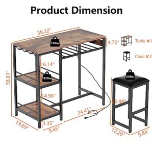 Gyfimoie Bar Table and Chairs Set with Power Outlet, Pub Table and Chairs Set for 2 with 2 Storage Shelves, 3 Piece Table Set with Wine Rack & Glass Holder for Living Room, Dining Room, Small Apt