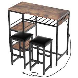 Gyfimoie Bar Table and Chairs Set with Power Outlet, Pub Table and Chairs Set for 2 with 2 Storage Shelves, 3 Piece Table Set with Wine Rack & Glass Holder for Living Room, Dining Room, Small Apt