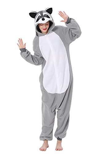 BDZaigozaiwu Adult Raccoon Onesie Pajamas Unisex Animal Cosplay Costume Kigurumi Onesies Halloween Sleepwear Christmas Jumpsuit Grey