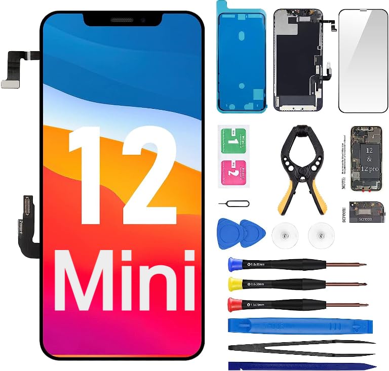 iPhone 12 Mini Screen Replacement Kit, LCD Cellular Glass Display Repair Digitizer 5.4 inch Touch Screen with Repair Kit + Screen Protector