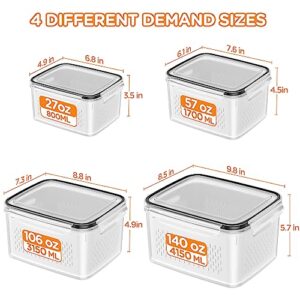 4-Pack Fruit Storage Containers for Fridge with Removable Colanders, 4 in 1 Produce Storage Containers for Refrigerator, Food Storage Container with Lid for Salad Berry Lettuce Vegetables Meat Keeper