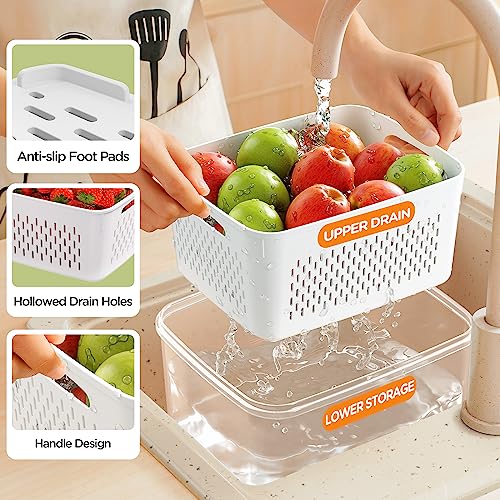 4-Pack Fruit Storage Containers for Fridge with Removable Colanders, 4 in 1 Produce Storage Containers for Refrigerator, Food Storage Container with Lid for Salad Berry Lettuce Vegetables Meat Keeper