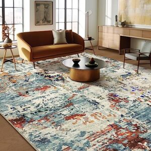 area rug living room rugs - 8x10 washable large modern abstract soft no slip indoor rug thin floor carpet for bedroom under dining table home office decor - blue