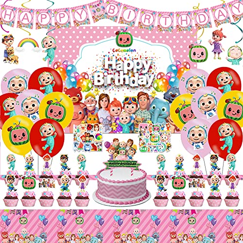 Pink Cartoon Party Decorations, Birthday Party Supplies Party Kit for Girls Include Happy Birthday Banner, Backdrop, Balloons, Cake Topper, Hanging Swirls, Stickers, Tablecloth