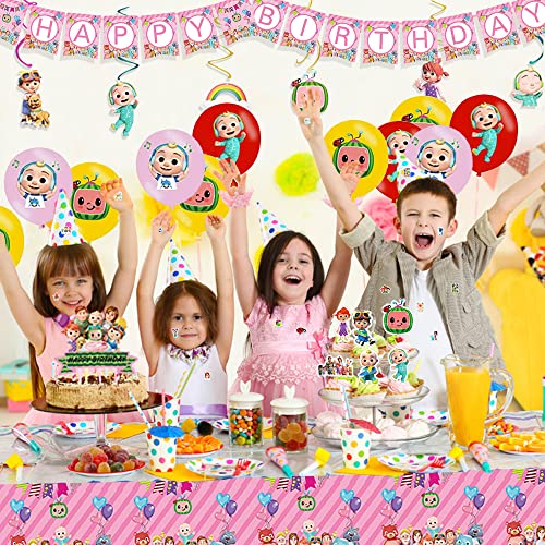 Pink Cartoon Party Decorations, Birthday Party Supplies Party Kit for Girls Include Happy Birthday Banner, Backdrop, Balloons, Cake Topper, Hanging Swirls, Stickers, Tablecloth