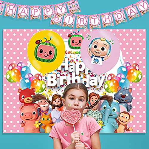 Pink Cartoon Party Decorations, Birthday Party Supplies Party Kit for Girls Include Happy Birthday Banner, Backdrop, Balloons, Cake Topper, Hanging Swirls, Stickers, Tablecloth