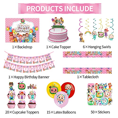 Pink Cartoon Party Decorations, Birthday Party Supplies Party Kit for Girls Include Happy Birthday Banner, Backdrop, Balloons, Cake Topper, Hanging Swirls, Stickers, Tablecloth