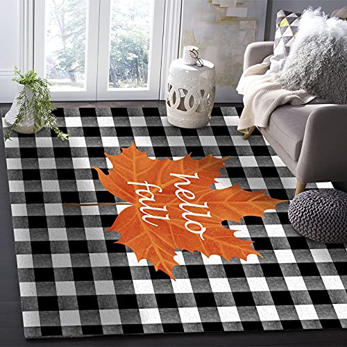 Area Rug for Bedroom Living Room Decor,Thanksgiving Fall Maple Leaves Ultra Soft Non-Slip Accent Rugs Indoor Large Floor Carpet White and Black Buffalo Plaid Non-Shedding Nursery Floor Mat,60x82in