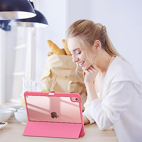 OKP for iPad Air 5th/4th Generation Case 2022/2020, iPad Air Case 5/4 Gen 10.9 inch with Pencil Holder, Auto Sleep/Wake, Slim Lightweight Trifold Folio Smart Cover for Girls Women, Clear Back Pink