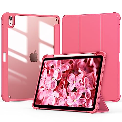 OKP for iPad Air 5th/4th Generation Case 2022/2020, iPad Air Case 5/4 Gen 10.9 inch with Pencil Holder, Auto Sleep/Wake, Slim Lightweight Trifold Folio Smart Cover for Girls Women, Clear Back Pink