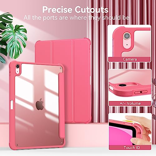 OKP for iPad Air 5th/4th Generation Case 2022/2020, iPad Air Case 5/4 Gen 10.9 inch with Pencil Holder, Auto Sleep/Wake, Slim Lightweight Trifold Folio Smart Cover for Girls Women, Clear Back Pink