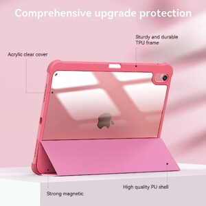 OKP for iPad Air 5th/4th Generation Case 2022/2020, iPad Air Case 5/4 Gen 10.9 inch with Pencil Holder, Auto Sleep/Wake, Slim Lightweight Trifold Folio Smart Cover for Girls Women, Clear Back Pink