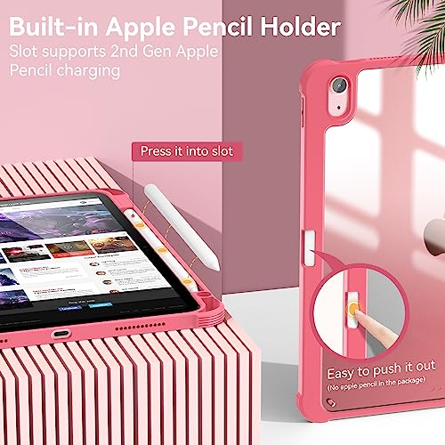 OKP for iPad Air 5th/4th Generation Case 2022/2020, iPad Air Case 5/4 Gen 10.9 inch with Pencil Holder, Auto Sleep/Wake, Slim Lightweight Trifold Folio Smart Cover for Girls Women, Clear Back Pink