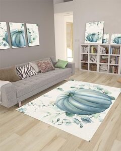 rustic blue pumpkin large rectangular area rugs 5' x 8' living room, durable non slip rug carpet floor mat for bedroom bedside outdoor thanksgiving fall green eucalyptus leaves