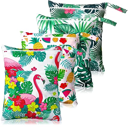 Windyun 4 Pieces Tropical Wet Bag Waterproof Reusable Wet Dry Bag Hawaii Cloth Diaper Aloha Sealed Washable Swimsuit Bag for Travel Summer Beach Wet Swimwear Baby Diaper Toiletries, 11.81 x 15.75 Inch