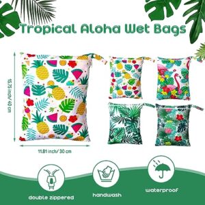 Windyun 4 Pieces Tropical Wet Bag Waterproof Reusable Wet Dry Bag Hawaii Cloth Diaper Aloha Sealed Washable Swimsuit Bag for Travel Summer Beach Wet Swimwear Baby Diaper Toiletries, 11.81 x 15.75 Inch