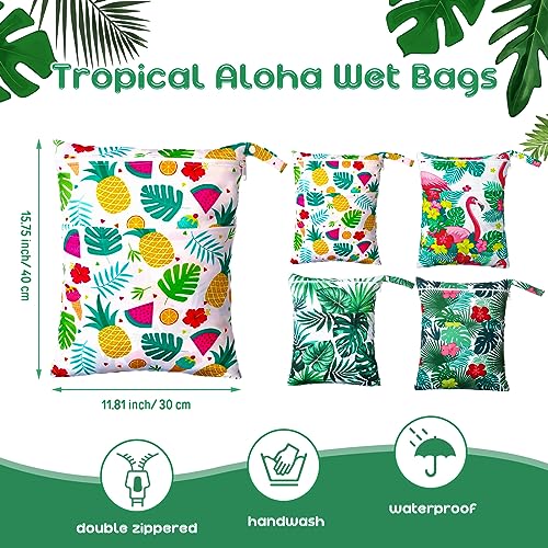 Windyun 4 Pieces Tropical Wet Bag Waterproof Reusable Wet Dry Bag Hawaii Cloth Diaper Aloha Sealed Washable Swimsuit Bag for Travel Summer Beach Wet Swimwear Baby Diaper Toiletries, 11.81 x 15.75 Inch