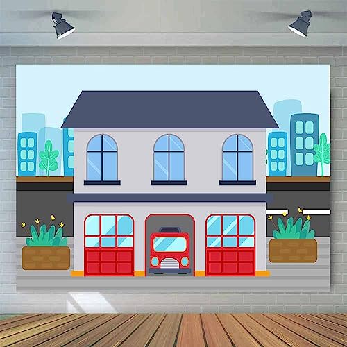 EMTOBT 7x5ft Cartoon City Fire Station Backdrop Firetruck Theme Kids Fireman City Street Birthday Background Firehouse Party Decorations Cake Table Decor Banner Children Photo Props BJWZEM0048