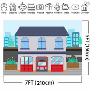 EMTOBT 7x5ft Cartoon City Fire Station Backdrop Firetruck Theme Kids Fireman City Street Birthday Background Firehouse Party Decorations Cake Table Decor Banner Children Photo Props BJWZEM0048