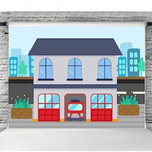 EMTOBT 7x5ft Cartoon City Fire Station Backdrop Firetruck Theme Kids Fireman City Street Birthday Background Firehouse Party Decorations Cake Table Decor Banner Children Photo Props BJWZEM0048