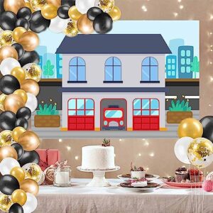 EMTOBT 7x5ft Cartoon City Fire Station Backdrop Firetruck Theme Kids Fireman City Street Birthday Background Firehouse Party Decorations Cake Table Decor Banner Children Photo Props BJWZEM0048