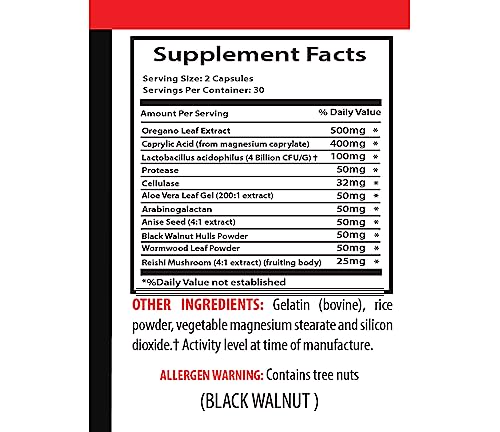 Aloe Vera Leaf, oregano oil capsules - CANDIDA AWAY COMPLEX - gut flora complex standard process, wormwood vitamin, wormwood supplement capsules, Black Walnut Hulls Powder - 2 Bottle 120 Capsules