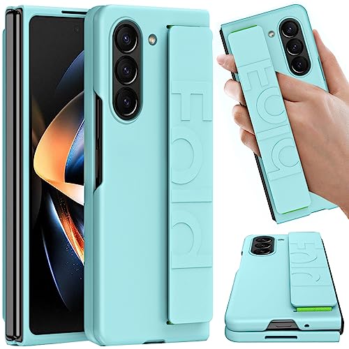 NINKI Compatible Hand Strap Case for Samsung Galaxy Z Fold 5 Phone Case Women Men,Ultra Slim & Thin Shockproof Hard PC Matte Protective Case for Galaxy Z Fold 5 Strap Case,Samsung Z Fold 5 Cover Blue