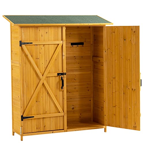 Outdoor Storage Shed, 64" Wood Garden Shed with Double Lockable Doors, Outdoor Storage Cabinet with Waterproof Roof, Weather Resistant Tool Shed Organizer for Patio, Garden, Backyard, Lawn (Natural)