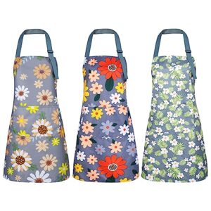 auidy_6txd 3 pack aprons for women with pockets, adjustable floral apron waterproof kitchen cooking aprons chef apron gifts for kitchen, gardening, cooking, bbq, cleaning (70 * 80cm)