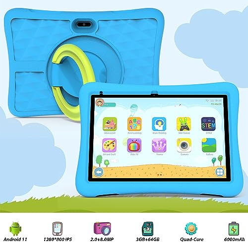 Aheadthink Kids Tablet, 10 inch Tablet, 64 + 512gb ROM Expansion Android 11 Kids BT, WiFi, GMS, Parental Controls, EVA Shockproof Case, Education, Games. (Blue Case)