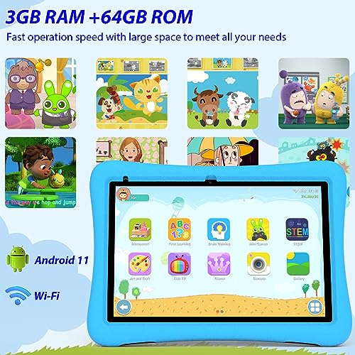 Aheadthink Kids Tablet, 10 inch Tablet, 64 + 512gb ROM Expansion Android 11 Kids BT, WiFi, GMS, Parental Controls, EVA Shockproof Case, Education, Games. (Blue Case)