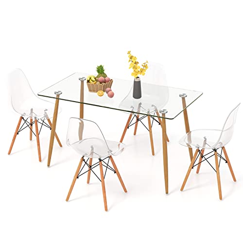 Tangkula 5 Pieces Dining Room Table Set, Modern Table & Chair Set for 4, 4 Clear Plastic Dining Chairs with Glass Dining Table for Small Living Room, Kitchen