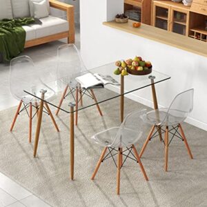 Tangkula 5 Pieces Dining Room Table Set, Modern Table & Chair Set for 4, 4 Clear Plastic Dining Chairs with Glass Dining Table for Small Living Room, Kitchen