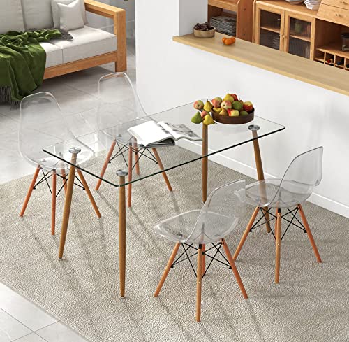 Tangkula 5 Pieces Dining Room Table Set, Modern Table & Chair Set for 4, 4 Clear Plastic Dining Chairs with Glass Dining Table for Small Living Room, Kitchen