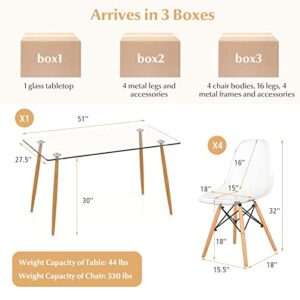 Tangkula 5 Pieces Dining Room Table Set, Modern Table & Chair Set for 4, 4 Clear Plastic Dining Chairs with Glass Dining Table for Small Living Room, Kitchen