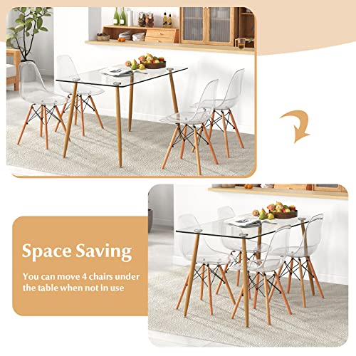 Tangkula 5 Pieces Dining Room Table Set, Modern Table & Chair Set for 4, 4 Clear Plastic Dining Chairs with Glass Dining Table for Small Living Room, Kitchen