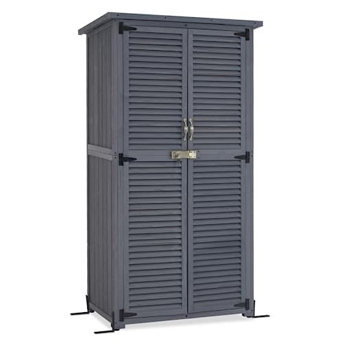 MCombo Outdoor Wooden Storage Cabinet, Garden Tool Shed with Latch, Outside Tools Wood Cabinet with Double Doors for Patio 0808 (Grey, Medium)