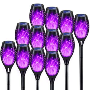 kyekio halloween decorations outdoor, 12pack purple solar halloween lights, outdoor halloween pathway lights with flickering flame for halloween decor, halloween decorations outside for yard lawn path