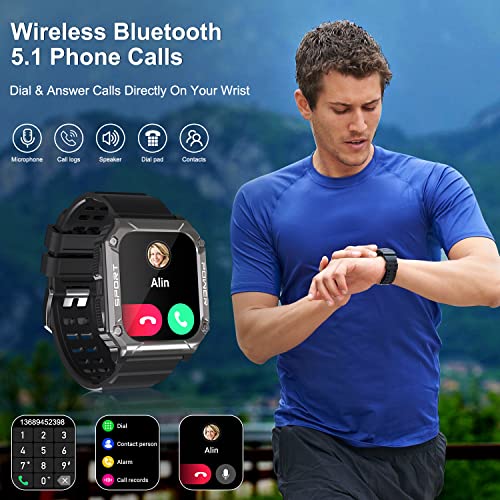 Military Smart Watch, 1.95''HD Waterproof Smart Watches for Men with Bluetooth Call (Answer/Dial Calls), 133 Sports Modes Rugged Outdoor Tactical Fitness Tracker Smart Watch for Android iPhone