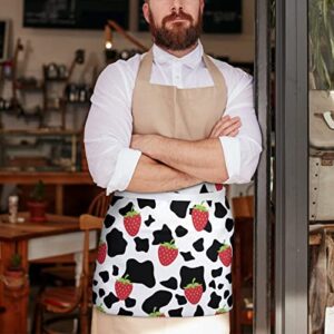 ZGVDVZ Strawberry Cow Apron With 3 Pockets For Aldult Kitchen Chef Aprons For Cooking Baking Gardening