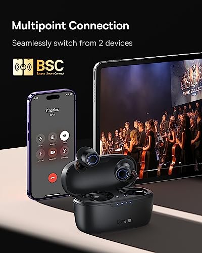 Baseus Wireless Earbuds, 140H Playback -48dB Active Noise Cancelling Bluetooth 5.3 Earbuds with IPX6 Waterproof 4 ENC Mics 0.038s Low Latency Fast Charge Ear Buds for Android iOS(Bowie MA10)