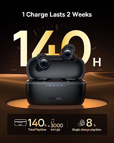 Baseus Wireless Earbuds, 140H Playback -48dB Active Noise Cancelling Bluetooth 5.3 Earbuds with IPX6 Waterproof 4 ENC Mics 0.038s Low Latency Fast Charge Ear Buds for Android iOS(Bowie MA10)