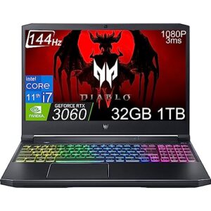 acer predator helios 300 15.6" 144hz fhd ips (intel 11th gen i7-11800h, nvidia geforce rtx 3060 6gb, 32gb ddr4 ram, 1tb pcie ssd + 1tb hdd) rgb backlit gaming laptop, webcam, wifi 6, win 11 home