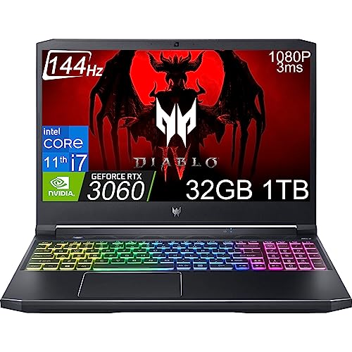 Acer Predator Helios 300 15.6" 144Hz FHD IPS (Intel 11th Gen i7-11800H, NVIDIA GeForce RTX 3060 6GB, 32GB DDR4 RAM, 1TB PCIe SSD + 1TB HDD) RGB Backlit Gaming Laptop, Webcam, WiFi 6, Win 11 Home